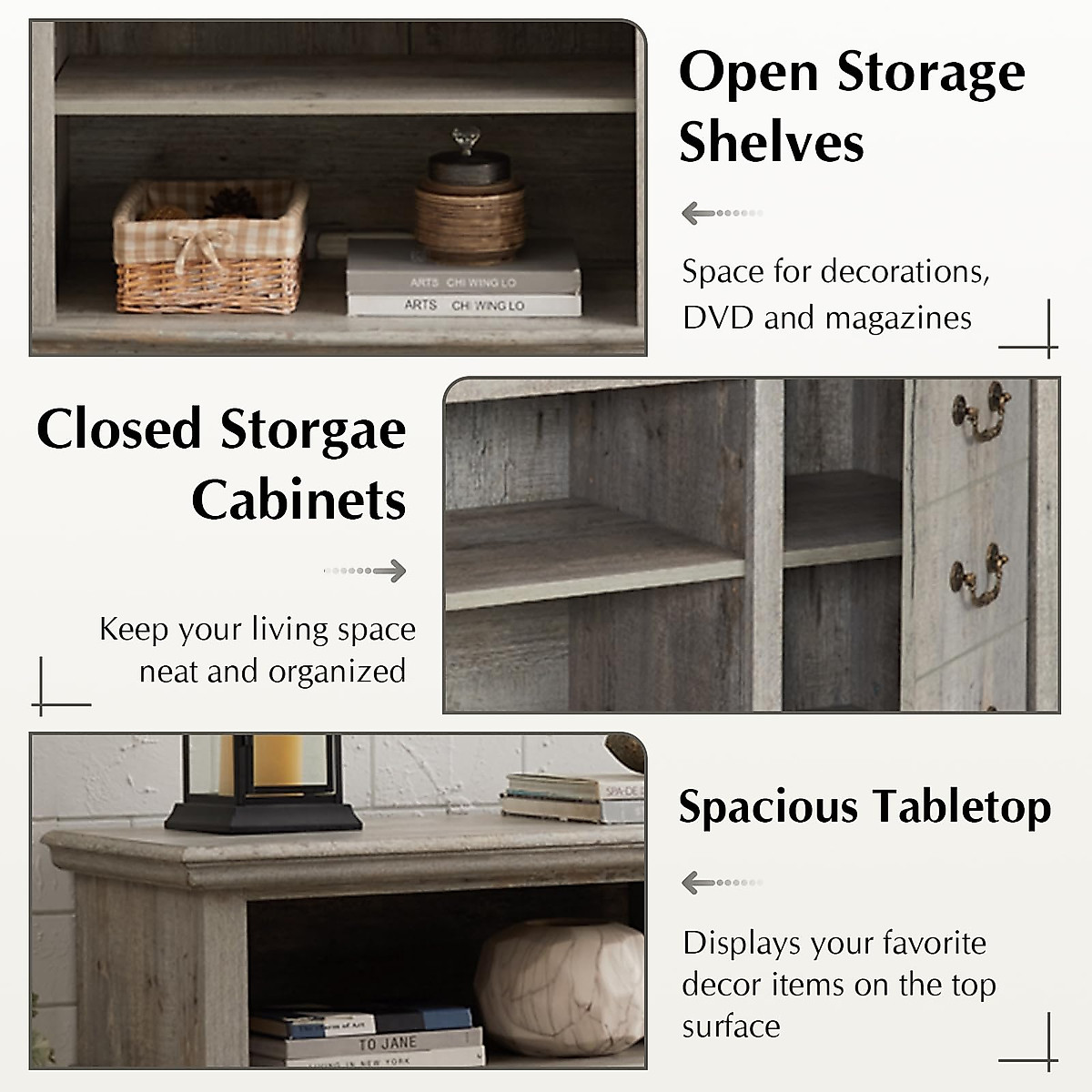 LETESA Traditional Classic Media TV Stand for TV up to 65”, Retro Wooden TV Console with Open and Closed Storage Cabinets for Bedroom, Living Room, Corridor (Light Gray)