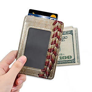 Linomo Thin leather Card Holder and Money Clip Vintage Baseball Sport Ball Wallet RFID Blocking for Men & Women