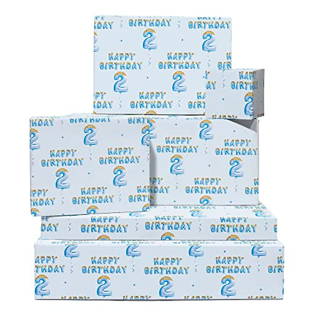 CENTRAL 23 Baby Boy Wrapping Paper - Age Two - 6 Sheets Blue Wrapping Paper - Happy 2nd Birthday Wrapping Paper - Comes With Stickers - Recyclable