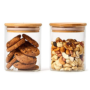 EZOWare Set of 4 Airtight Glass Storage Jars with Bamboo Lid Set, 450ml/15.2oz High Borosilicate Clear Kitchen Pantry Food Canister Container For Cereal, Pasta, Nuts, Spices, Flour, Coffee