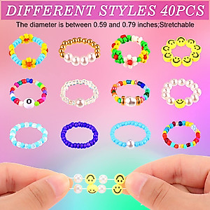 Hicarer 40 Pieces Flower Beads Rings Rainbow Colorful Rice Bead Rings Cute Handmade Smile Beaded Rings Colorful Jewelry Rings for Women