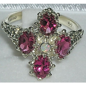 LetsBuyGold 925 Sterling Silver Real Genuine Opal and Pink Tourmaline Womens Band Ring - Size 10