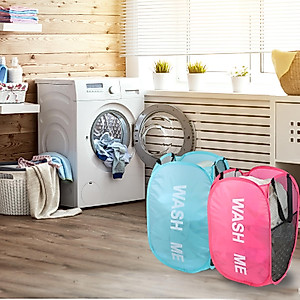 podafu 2 Pack Collapsible Kids Laundry Basket With Handles Mesh Pop Up Laundry Hamper for Bedroom, Dorm ，Travel or Camper (Pink + Blue)
