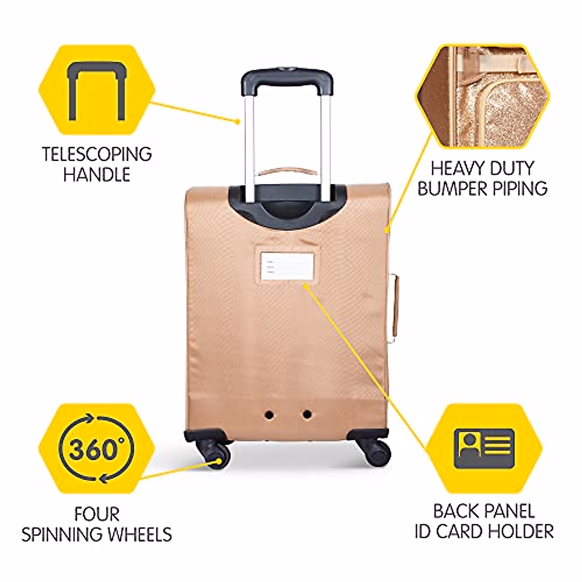 Bixbee Kids Luggage, Kids Luggage with Wheels for Girls & Boys with Telescoping Pullout Handle, Strap and Pockets- Lightweight Kids Suitcase & Carry On Bag for Airport, Travel, Overnight in Gold