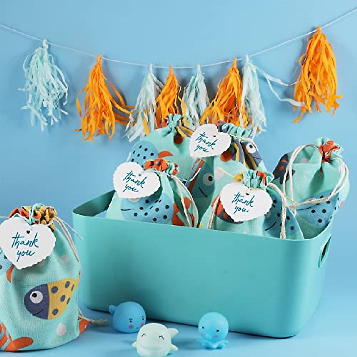 Niceup 25pcs Tropical Fish Cruise Small Drawstring Fabric Party Favors Bags 6X8” for Kids Fishing Under Sea Ocean Animals Creatures Summer Beach Theme Party, Cotton Burlap Gift Pouches Bag Packaging