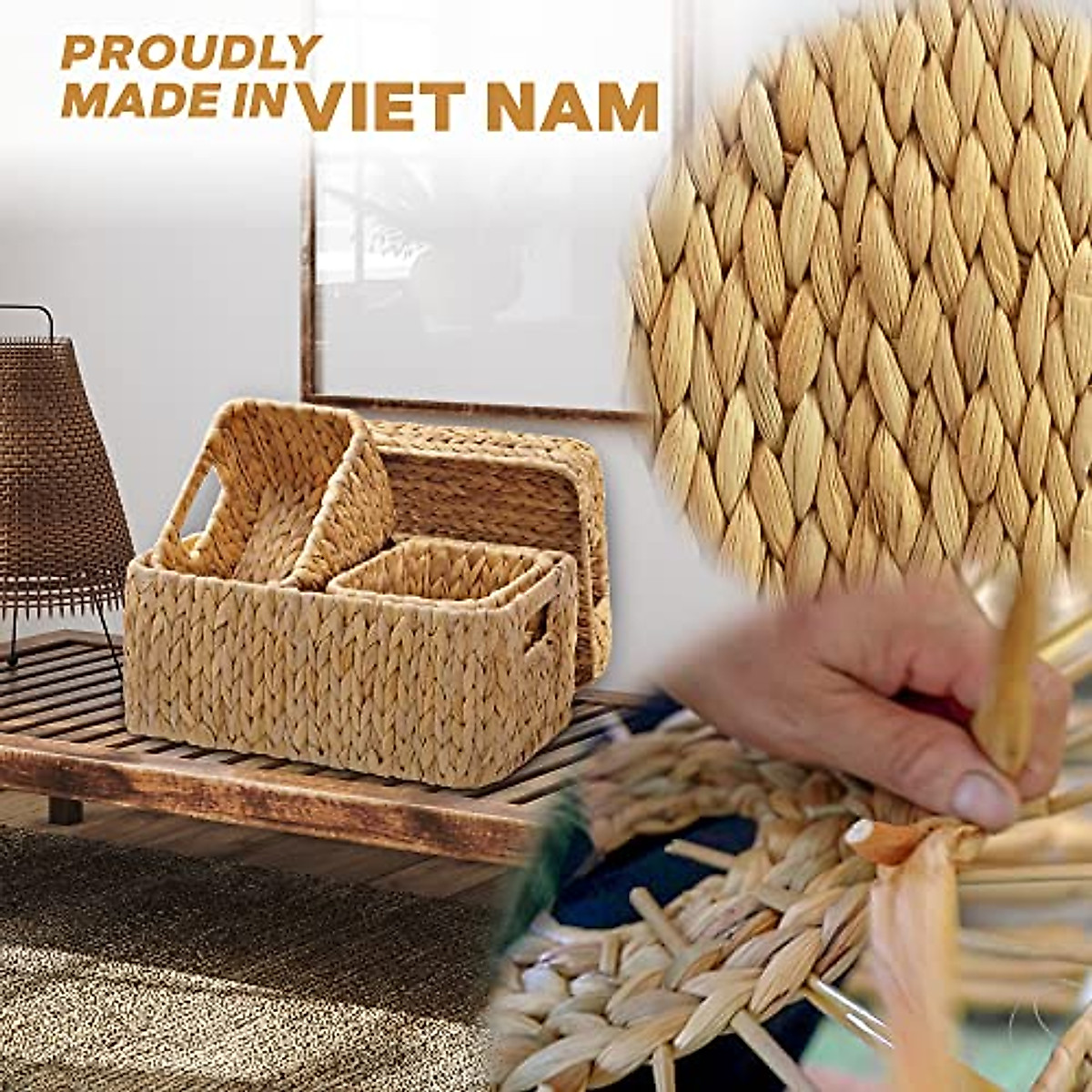 GaiaMade Water Hyacinth Storage Baskets with Lid, Wicker Baskets for Organizing and Storage, Set of 3 (1PC Large, 2PCS Medium, 1 Lid)