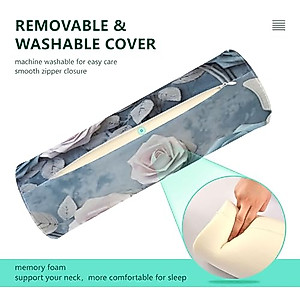 xigua Blue and White Roses Neck Roll Pillow for Neck Relief with Removable Washable Cover - Memory Foam Round Cylinder Bolster, Ergonomically Designed for Head, Neck, Back, and Legs