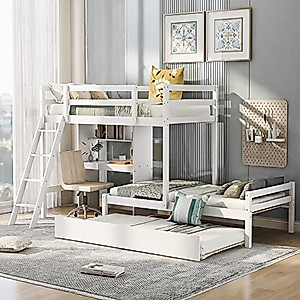 MOEO Twin Over Twin Bunk Bed with Trundle and Ladder for Kids, Adults, Wooden Bunkbed Frame w/Convertible Built-in Desk & Down Bed, Save Space, No Box Spring Required, White