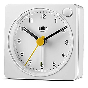 Braun Classic Travel Analogue Clock with Snooze and Light, Compact Size, Quiet Quartz Movement, Crescendo Beep Alarm in White, Model BC02XW, One