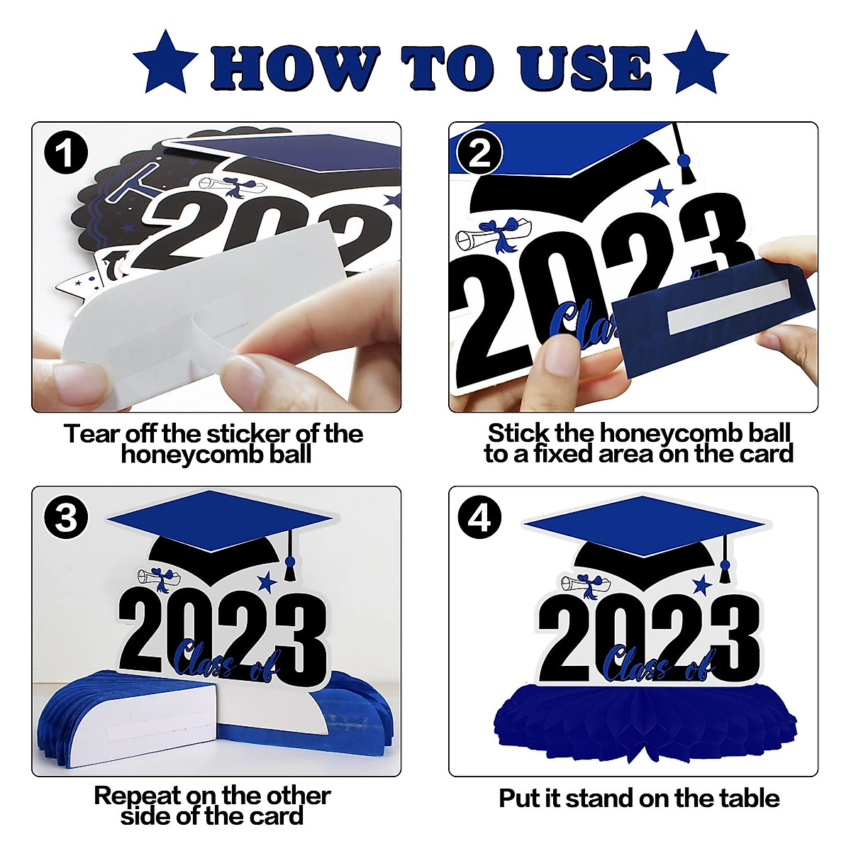 LINGTEER Congrats Grad,Class of 2023 Graduation Table Honeycomb Centerpieces - 8 pcs 2023 Graduation Party Decorations Sign - Blue.