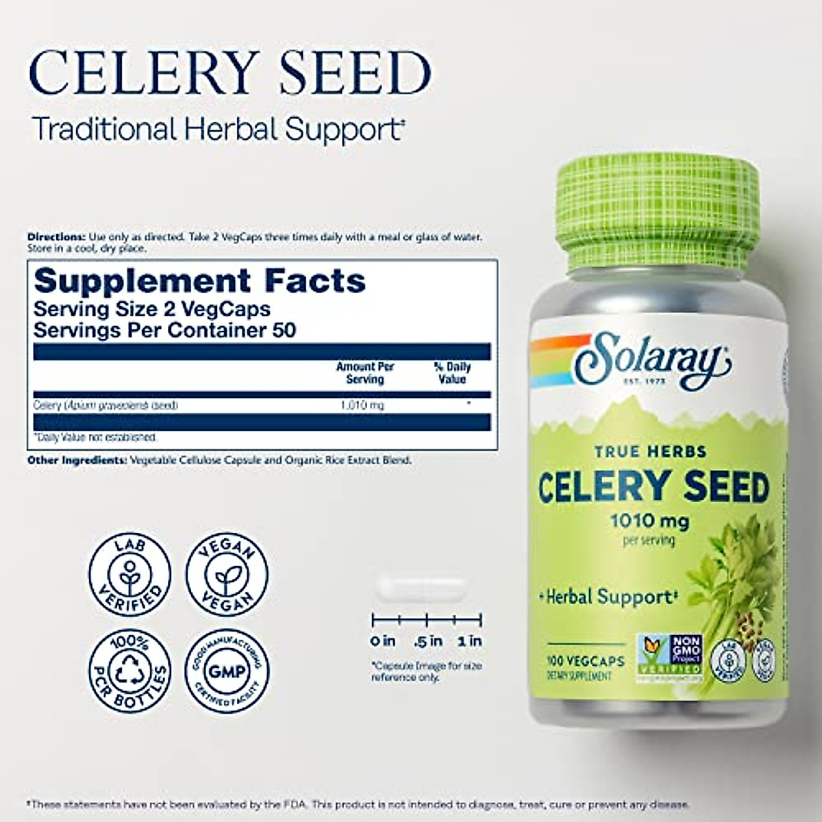 Solaray Celery Seed 1010 mg, Traditional Liver, Water Balance, and Joint Support, Whole Celery Seeds with Phytochemicals and Flavonoids, Vegan, Lab Verified, 60-Day Money-Back Guarantee, 50 Servings, 100 VegCaps