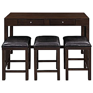 Harper & Bright Designs 4-Piece Counter Height Table Set with 2 Drawers and Socket, Mulitpurpose Rustic Bar Dining Table Set with 3 Leather Padded Stools (Espresso)