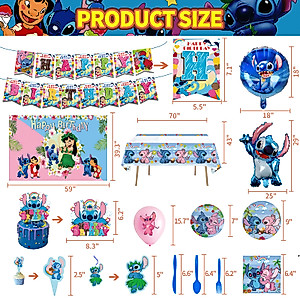 Stitch Birthday Party Supplies, Stitch themed Party Decorations Include Happy Birthday Banner, Backdrop, Tableware Set, Tablecloth, Hanging Swirls, Cake Toppers, Cupcake Toppers, Latex Balloons
