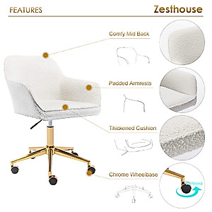 Zesthouse Modern Desk Chair with Wheels, White Swivel Vanity Chair for Girls Women, Upholstered Home Office Chair Boucle Armchair for Bedroom, Height Adjustable Computer Task Chair, Gold Base