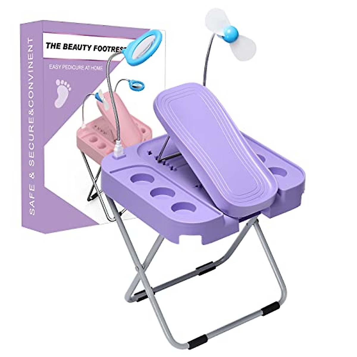Pedicure Foot Rest With LED Magnifier And Drying Fan, Adjustable Foot Rest, Reinforced And Thickened,Stable And Easy For Pedicures At Home, With Storage Box,Beauty Pedicure kit