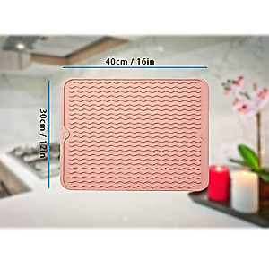Happy L Dish Drying Mat for Kitchen Counter, Silicone Dish Drainer Mats Heat Resistant Mat, Non-slipping Dishwasher Safe (Pink, 16inch x 12inch)