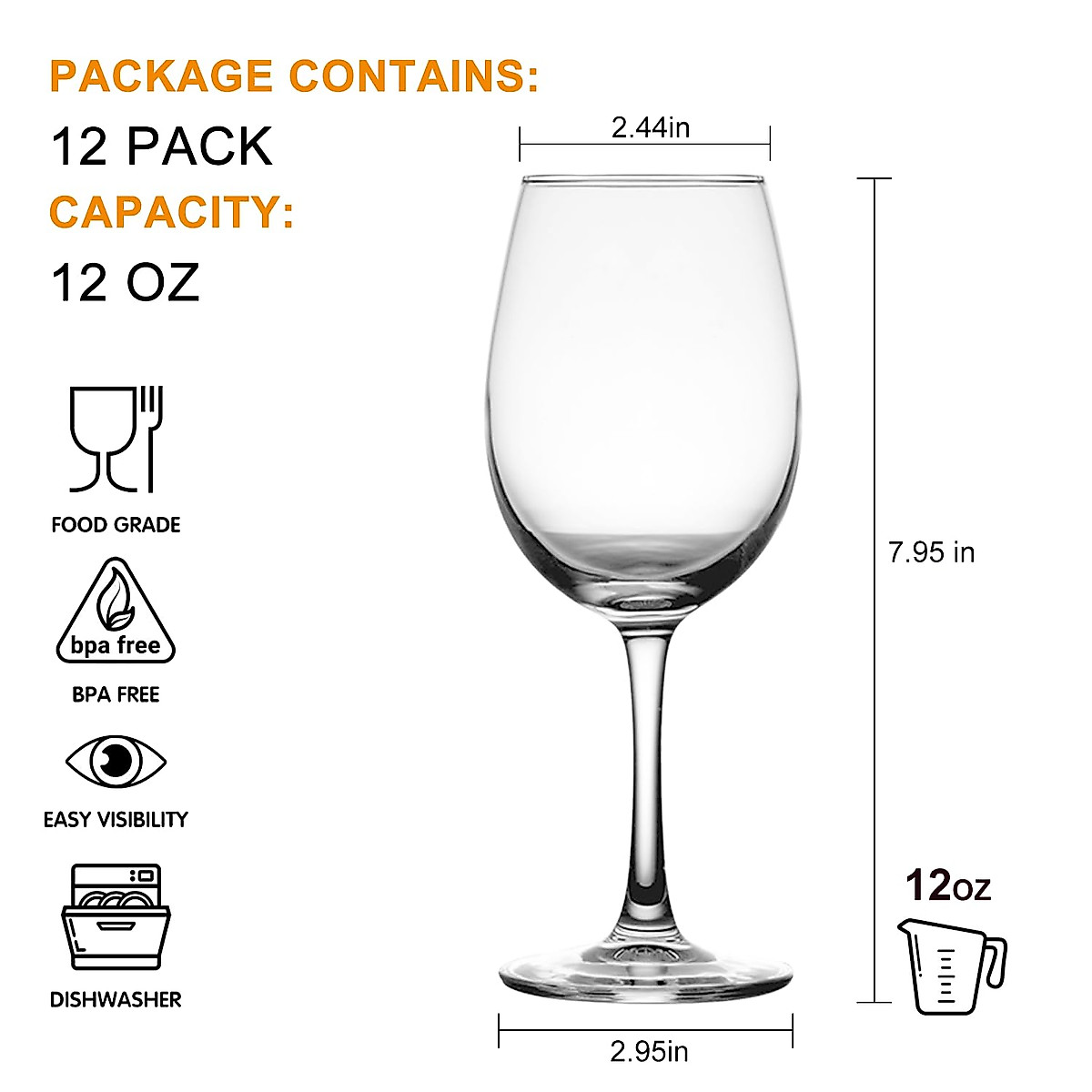 Cadamada 12oz Wine Glasses,Crystal Glass with Stem for Red or White Wine, High-end Banquet, Party, Bar, Wedding, Gift (12 pcs)