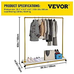 VEVOR Clothing Garment Rack, 59.1" x 14.2"x 63.0", Heavy-duty Clothes Rack w/Bottom Shelf, 4 Swivel Casters, Sturdy Steel Frame, Rolling Clothes Organizer for Laundry Room Retail Store Boutique, Gold