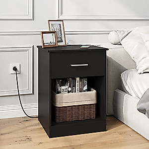 Reettic Set of 2 Nightstand with Charging Station and USB Ports & Power Outlets, Wooden End Table with Drawer and Opening Shelf, Side Table for Bedroom, Black RCTG101BE02