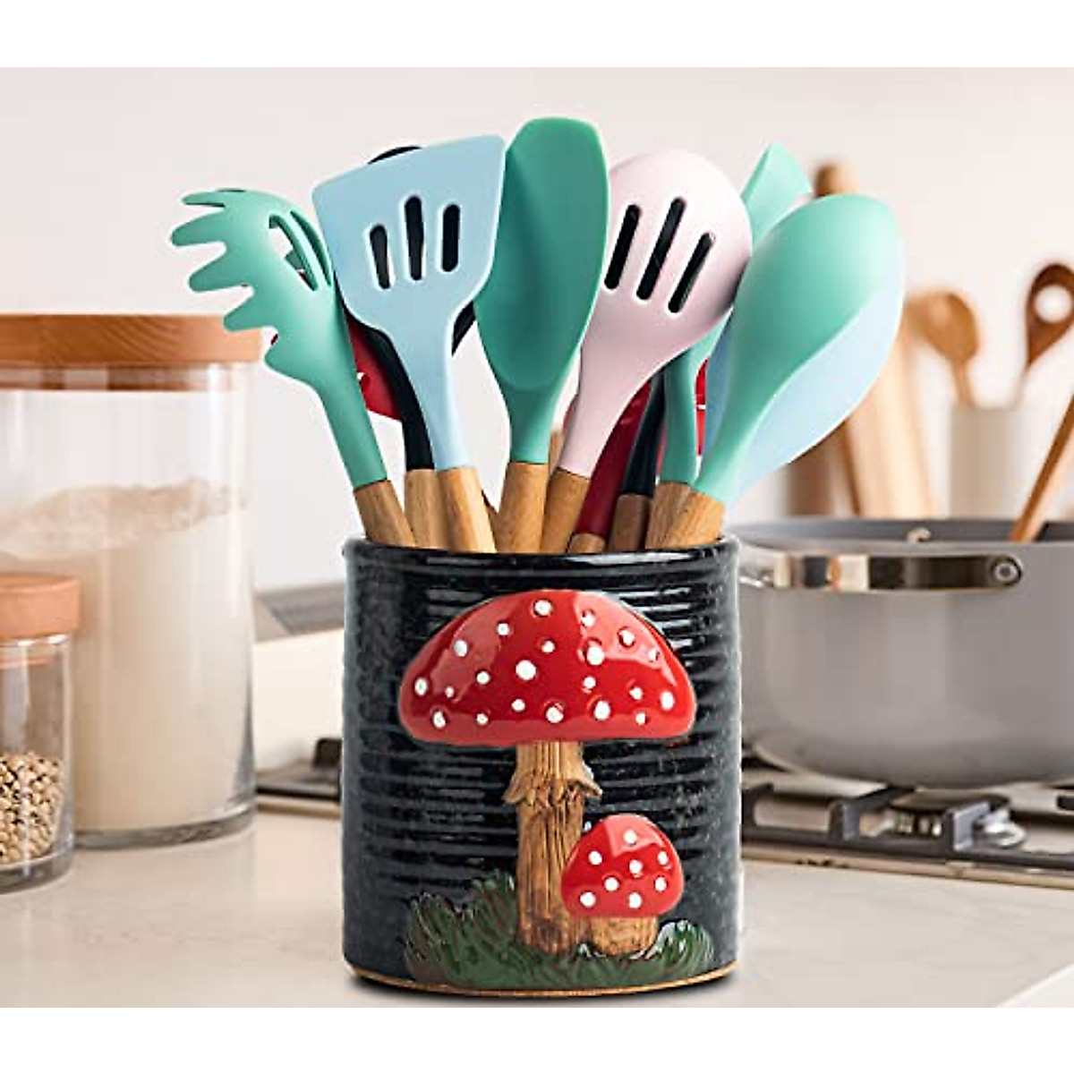 dgudgu Mushroom Kitchen Utensil Holder For Countertop Ceramic Utensil Holder For Kitchen Counter Large Cooking Utensil Utensil Crock Holder Spatula Holder Utensil Organizer For Countertop