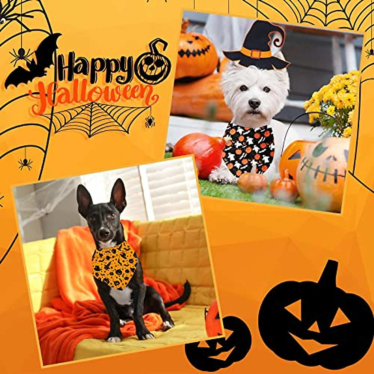 3 Pack Halloween Dog Bandanas, XIEJ Triangle Reversible Bandannas for Dogs, Soft and Breathable Adjustable Halloween Pumpkin Ghost Patterns Printing Dog Handkerchief for Medium Large Dogs