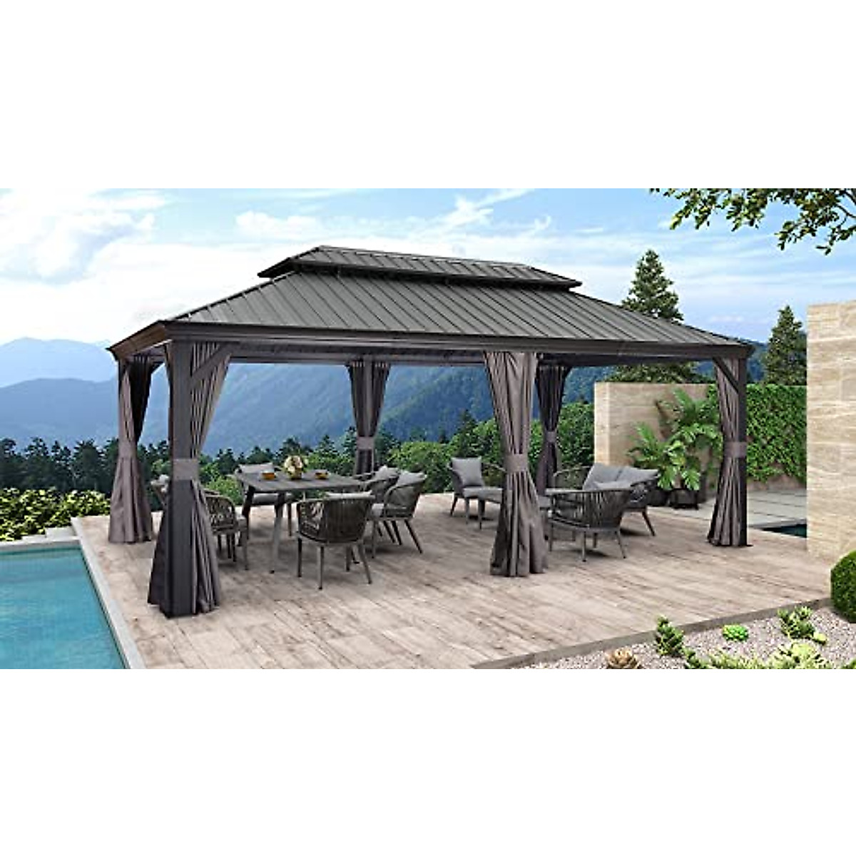 PURPLE LEAF 12' X 20' Permanent Hardtop Gazebo Aluminum Gazebo with Galvanized Steel Double Roof for Patio Lawn and Garden, Curtains and Netting Included, Grey