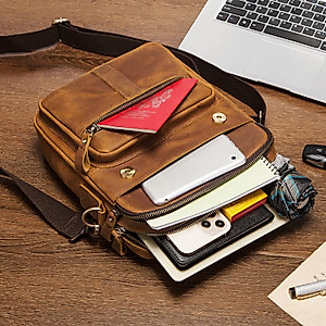 HUMERPAUL Genuine Leather Crossbody Sling Bag Messenger Man Purse Handbags for Mens Zipper Shoulder Bag for Work Business (Brown)