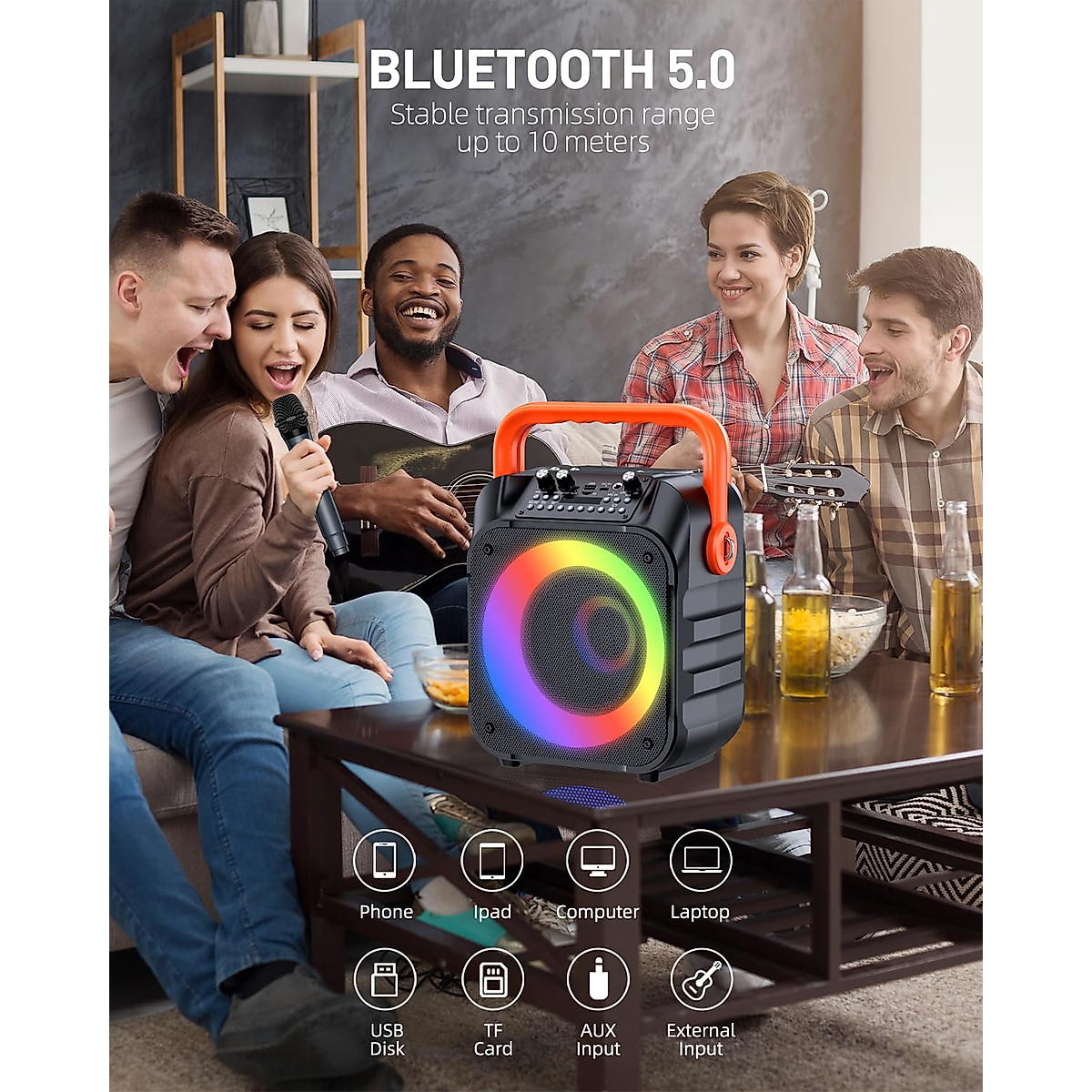 Karaoke Machine with Two Wireless Microphones, Portable Karaoke Machine for Adults & Kids, Karaoke Microphone with PA System, LED Lights, Karaoke Speaker Supports for TF Card/USB, AUX In, FM, REC,TWS