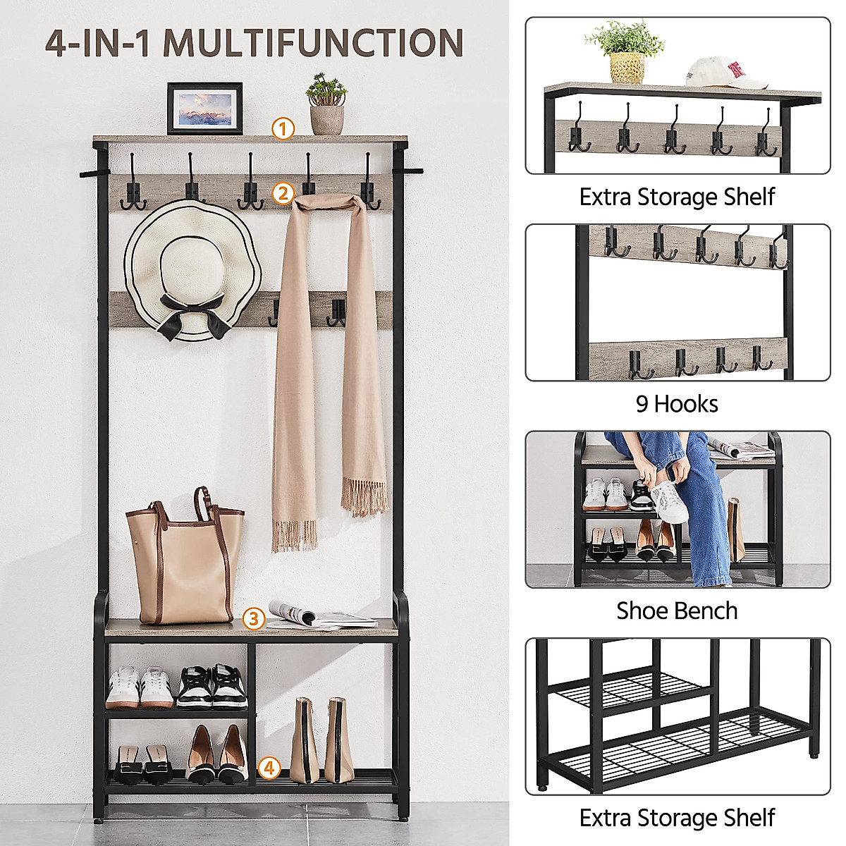 Topeakmart Hall Tree with Bench and Shoe Storage, Coat Rack with Top Shelf, 23 Hooks, 4-in-1 Design, Entryway Storage Organizer for Hallway Bedroom Apartment, Metal Frame, Gray