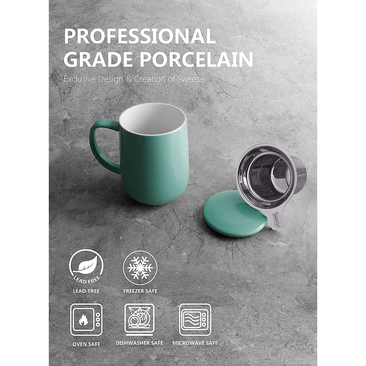 Sweese 20 OZ Porcelain Tea Mug with Infuser and Lid, Loose Leaf Tea Cup, Gifts for Tea Lover - Mint Green