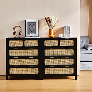 QEIUZON 4 Drawer Dresser, Modern Rattan Dresser Chest with Wide Drawers and Metal Handles, Farmhouse Wood Storage Chest of Drawers for Bedroom, Living Room, Hallway, Entryway (Black-4 Drawers-2 Packs)