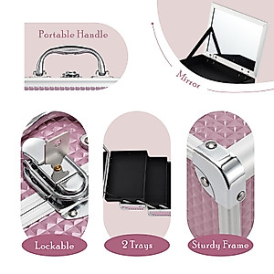 Joligrace Makeup Train Case Portable Cosmetic Box Jewelry Organizer Lockable with Keys and Mirror 2-Tier Trays for Makeup Artists Craft Nail Kits Sewing Box Traveling Makeup Storage Case Pink