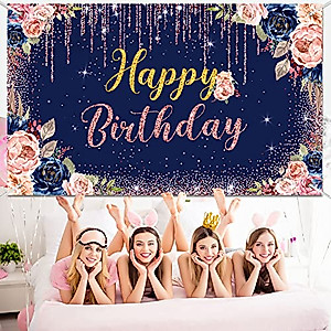 Happy Birthday Backdrop Decorations for Women Background Party Supplies Rose Backdrop Photography for Girls Boys Floral Glitters Banner Wedding Baby Shower Decor (Navy Blue)