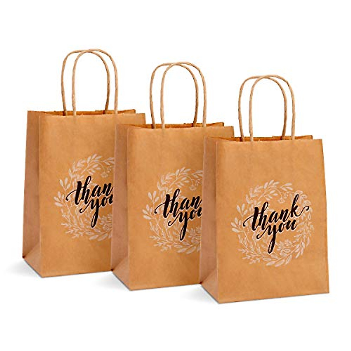 OSpecks 50 Count Small Thank You Gift Bags Bulk with Handle, Brown Kraft Paper Bags for Retail Shopping, Wedding, Goodies, Merchandise for Customers or Guests, Size 5.25 x 3.75 x 8 Inches