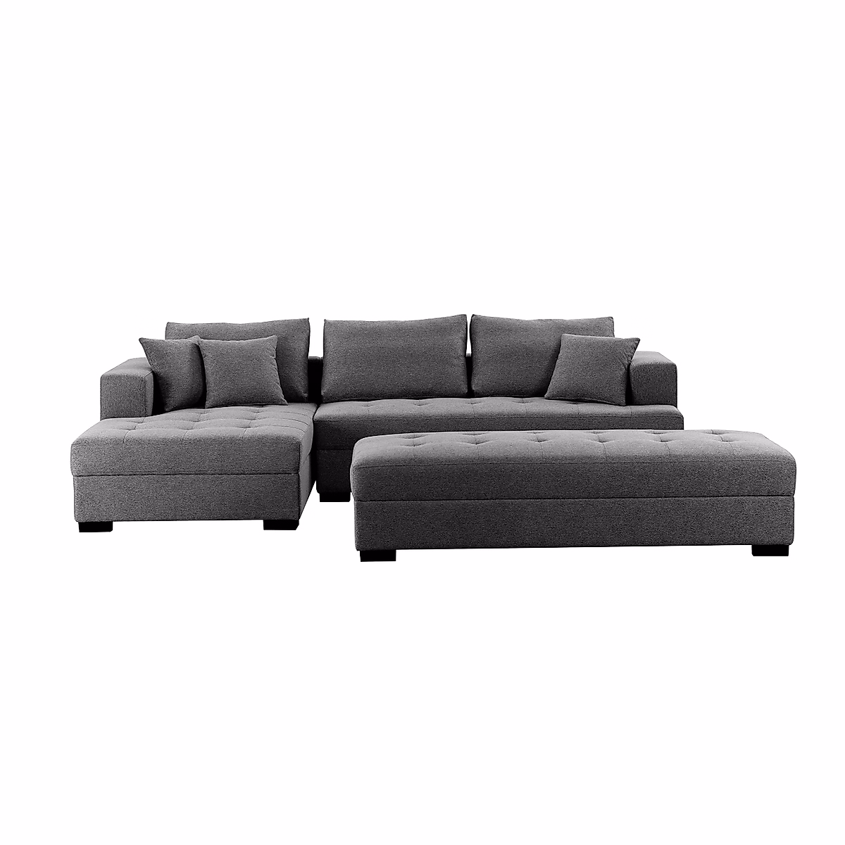 FANYHOME 111'' Tufted Fabric 3-Seat L-Shape Sectional Sofa Couch Set w/Chaise Lounge, Ottoman Coffee Table Bench for Living, Family & Game Rooms (Dark Grey), Light Gre