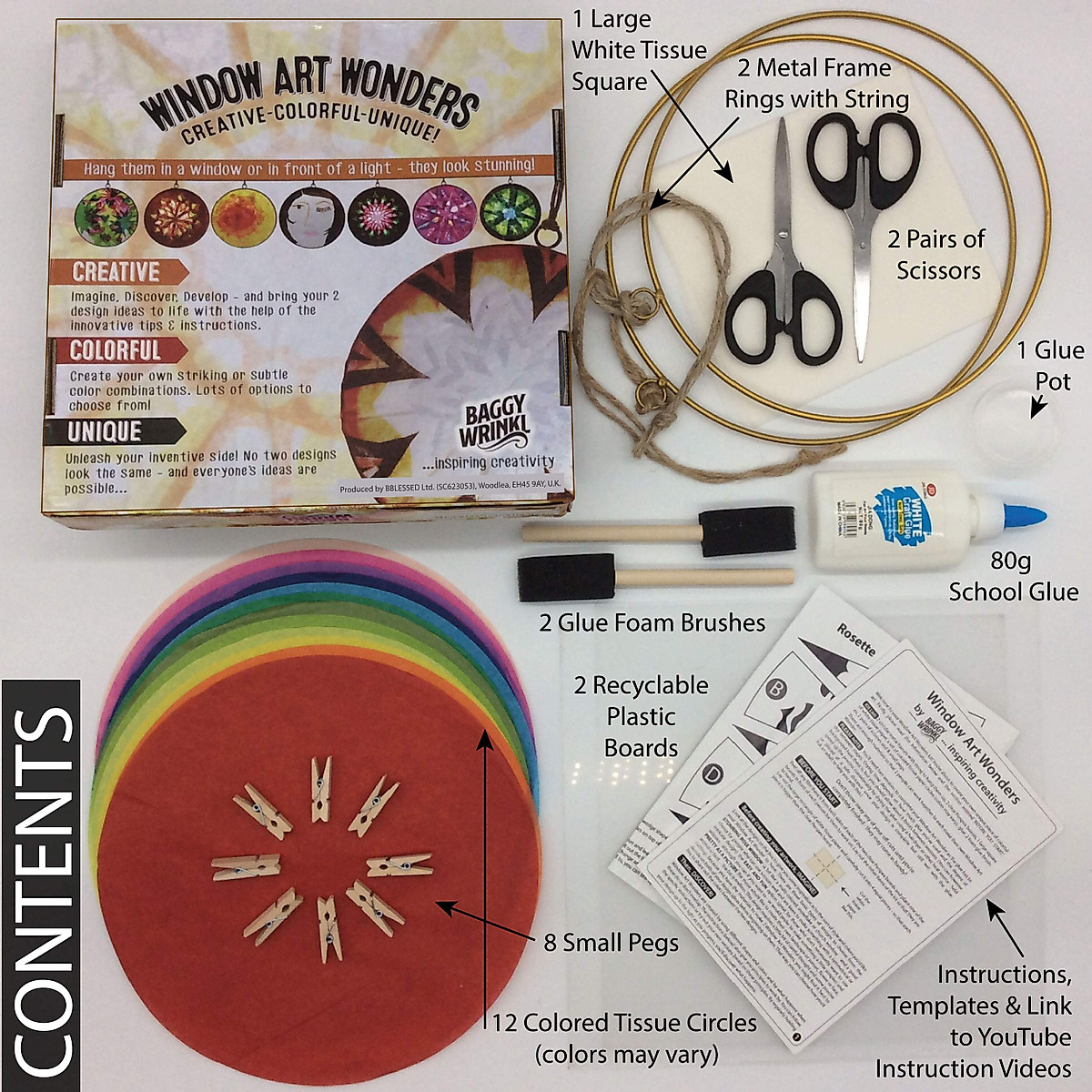 Window Art KIT Create 2 Unique Designs! Creative Colorful Suncatcher Craft Kit. All Abilities/Ages, Children/Kids/Teens/Adults. Make Your Own and Share The Fun! Window Art Wonders by Baggy Wrinkl