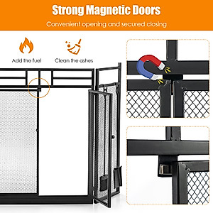 Tangkula 3-Panel Folding Fireplace Screen with Magnetic Hinged Doors, Fire Spark Guard with Fireplace Tools Set, Wrought Iron Decorative Mesh Cover with Wood Burning Stove Accessories, Black