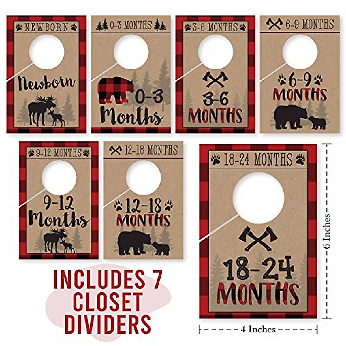 7 Lumberjack Baby Nursery Closet Organizer Dividers For Boy Clothing, Age Size Hanger Organization For Kid Toddler Infant Newborn Clothes Must Have, Shower Registry Gift Supplies, Woodland 0-24 Months