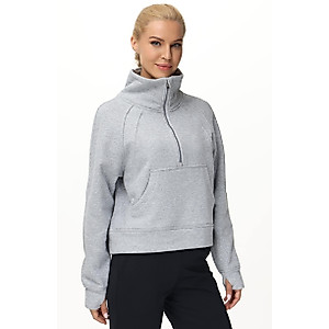 THE GYM PEOPLE Women's Half Zip Pullover Sweatshirt Fleece Stand Collar Crop Sweatshirt with Pockets Thumb Hole Grey