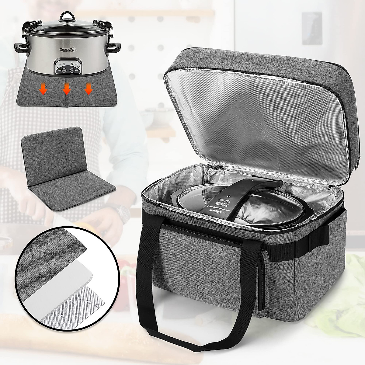 Luxja Insulated Slow Cooker Bag (with a Bottom Pad and Side Handles) for 6-8 Quart Oval Slow Cooker, Double Layer Carrying Case Compatible with Crock-Pot and Hamilton Beach, Gray