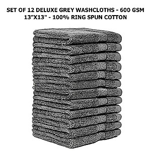 TALVANIA Grey Washcloths Cotton - 13” X 13” 100% Pure Ring Spun Cotton Towels 600 GSM Soft and Absorbent, Pack of 12 Face Cloths Wash Towel (Gray)