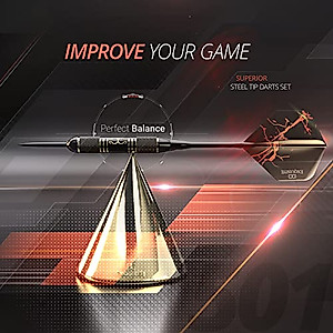 CC-Exquisite Professional Steel Tip Darts Set - 6 x 22g Brass Barrels with 12 Flights Standard/Slim, 12 Aluminum Shafts 35/48mm, 12 O-Rings, Dart Tool, Dart Sharpener and Case (Black & Gold)