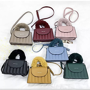 FALL SUMMER SOLID COLOR VEGAN PU LEATHER CROSSBODY/TOP HANDLE FUR BAG (BLACK)