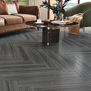 Skyblur Dark Grey Wood Planks Peel and Stick Floor Tile Stickers for Bathroom Bedroom DIY Vinyl Plank Tiles for Kitchen Waterproof Self Adhesive Flooring 35x6 Inch 4 Sheets