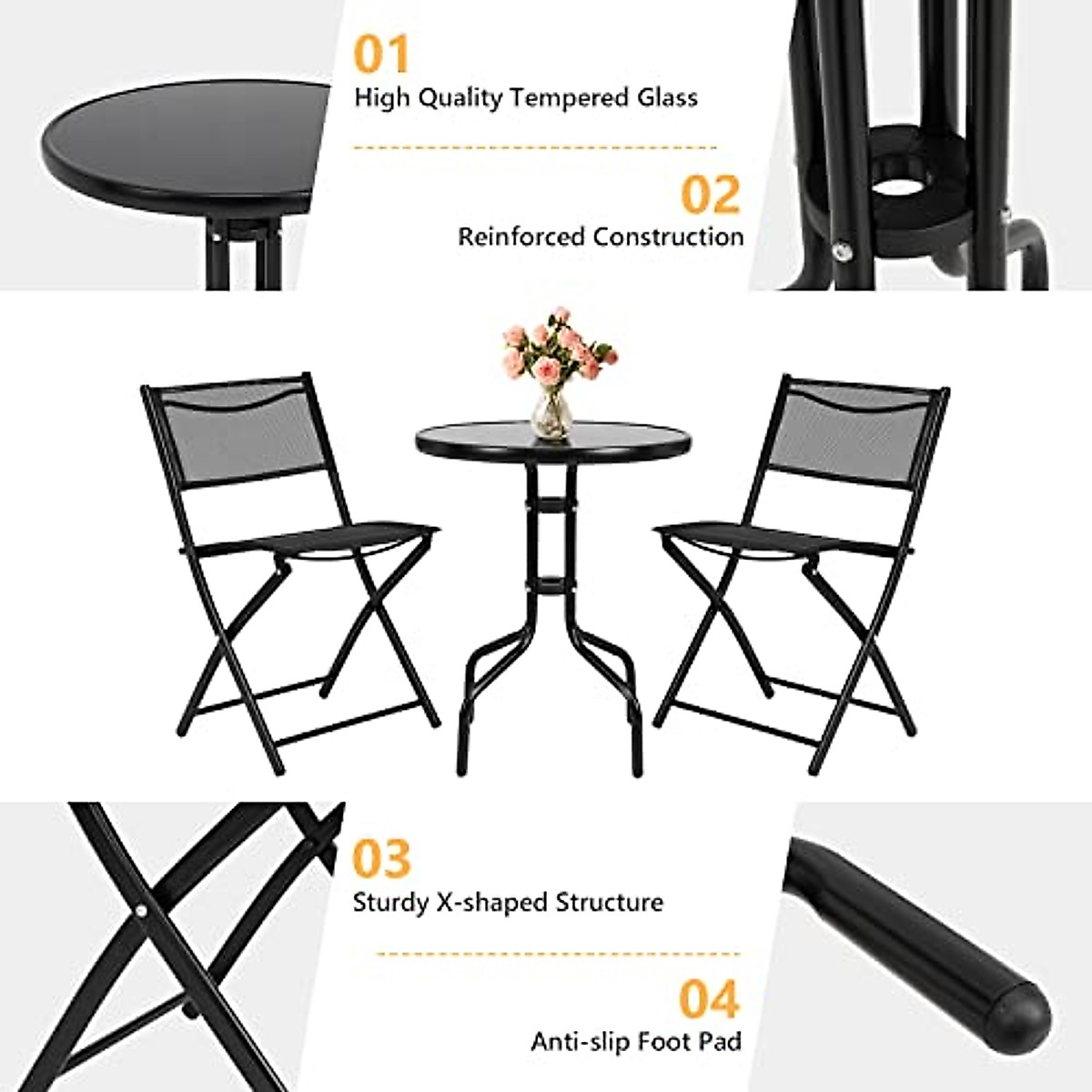 MIDDOW 3pcs Metal Bistro Chair Set, Round Coffee Table w/Folding Chairs Set, Outdoor/Indoor Patio Furniture Set w/Rust-Proof Steel Frame & Glass Tabletop, Ideal for Garden/Backyard/Balcony, Black