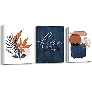 Pigort Framed Blue Canvas Wall Art Set Abstract Botanical Tropical Plants Picture Wall Decor for Living Room Bedroom Bathroom Office (11'' x 14'' x 3 Panel)