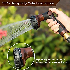 FANHAO Garden Hose Nozzle, 100% Heavy Duty Metal Water Hose Sprayer with 8 Spray Patterns, High Pressure Water Nozzle with Thumb Control, On Off Valve for Watering Plants, Washing Cars & Pets, Brown