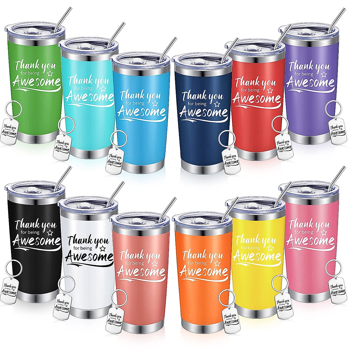 Sieral Thank You for Being Awesome Tumbler,Thank You Gifts for Women Men 20oz Insulated Stainless Steel Travel Tumbler with Lid and Straw Appreciation Gift with Keychain (Multicolor, 24 Pieces)