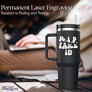 shop4ever RIP Fake ID 21 Twenty One Engraved Insulated Stainless Steel Tumbler with Handle, Lid, and Straw 40 oz. 21st Birthday Gift (Black)