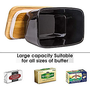 Butter Dish with Cover and knife-Ceramics Butter Container with Bamboo Lid for Countertop,Larger Butter Dishes with Covers Perfect for East West Coast Butter(Black with Words)